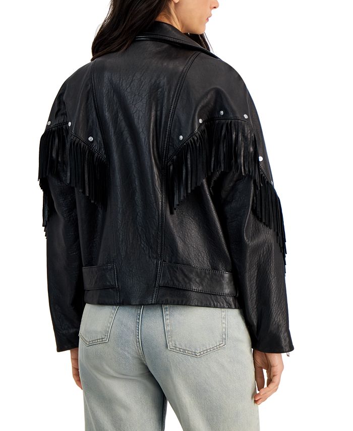 HUGO Women's Fringe-Trim Leather Moto Jacket - Macy's