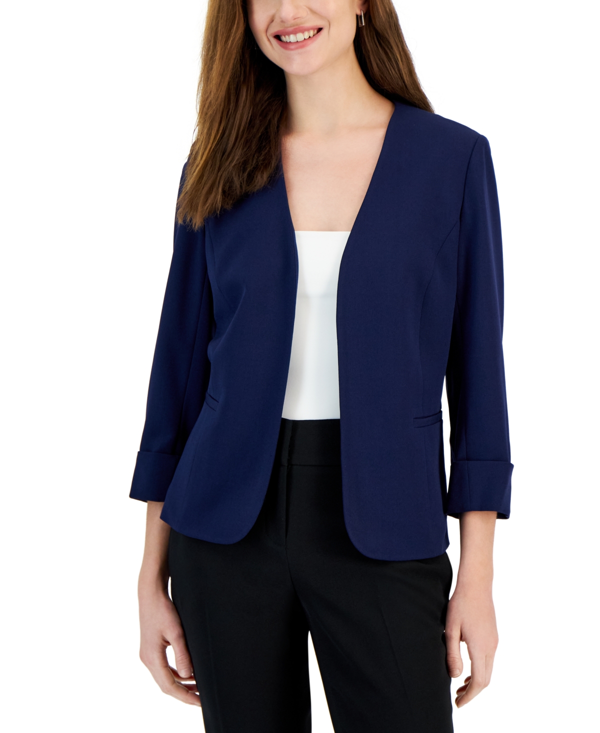 Click here for Kasper Womens Stretch Crepe Open-Front Roll-Sleeve... prices