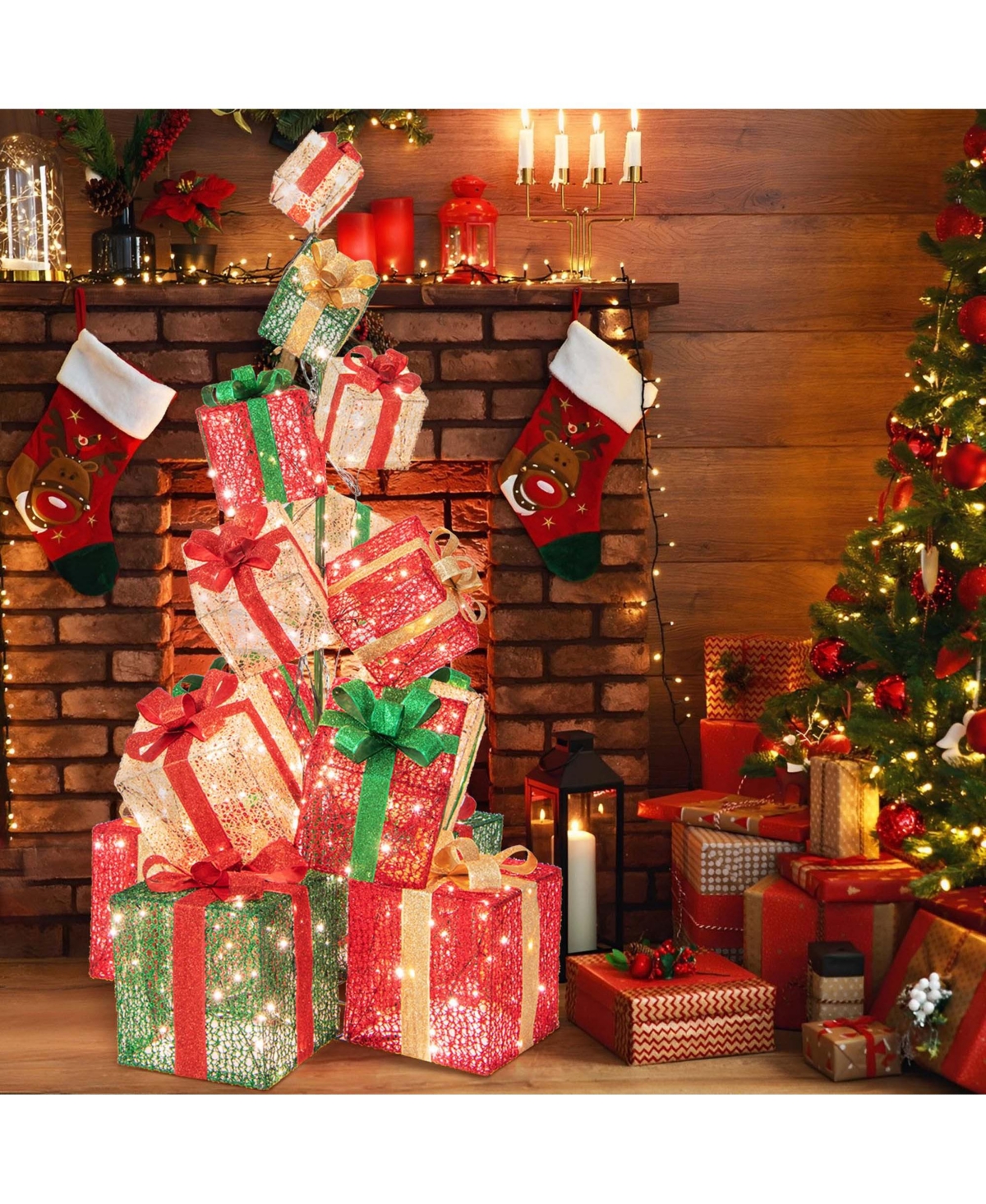 Click here for 15 Stacked Pre-Lit Gift Box Tower 67 Lighted Prese... prices