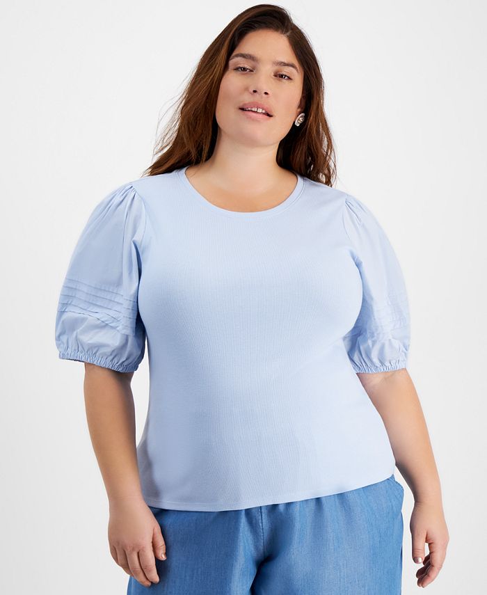 On 34th Trendy Plus Size Puff-Sleeve Knit Top, Created for Macy's - Macy's