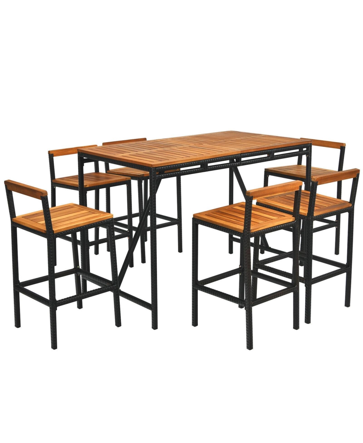 Click here for 7 Pieces Acacia Wood Patio Rattan Bar Set with Umb... prices