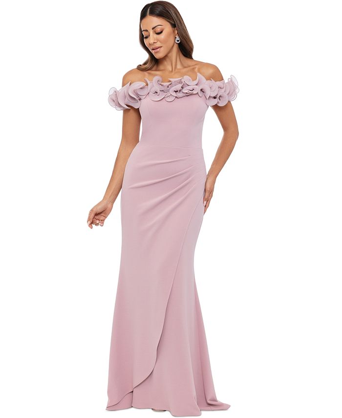 XSCAPE Women's Scuba-Crepe Ruffled Off-The-Shoulder Fit & Flare Gown ...