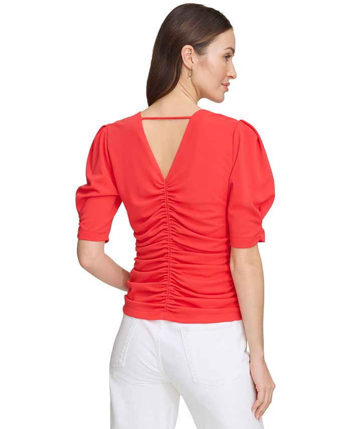 DKNY Women's V-Neck Ruched Knit Elbow-Sleeve Top - Macy's