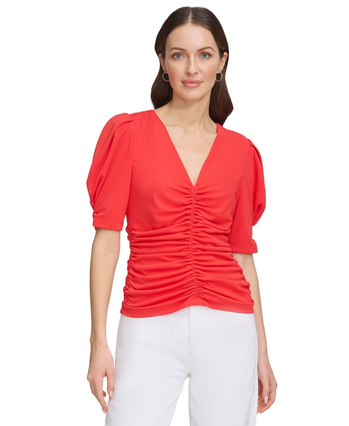 DKNY Women's V-Neck Ruched Knit Elbow-Sleeve Top - Macy's