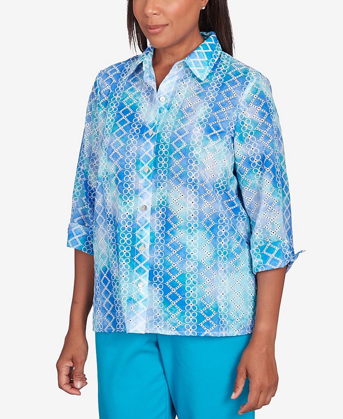Alfred Dunner Women's Tradewinds Eyelet Tie Dye Button Down Top - Macy's