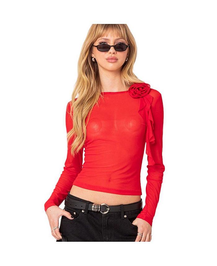 Edikted Women's Larose sheer mesh flower pin top - Macy's