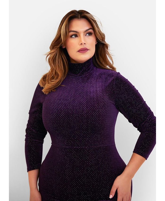 Rebdolls Women's Plus Size Kerry Velvet High Neck Midi Bodycon Dress ...