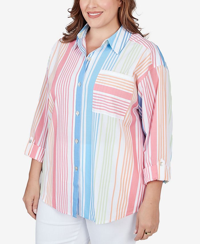 Ruby Rd. Plus Size Striped Cotton Poplin Button Front Top - Macy's