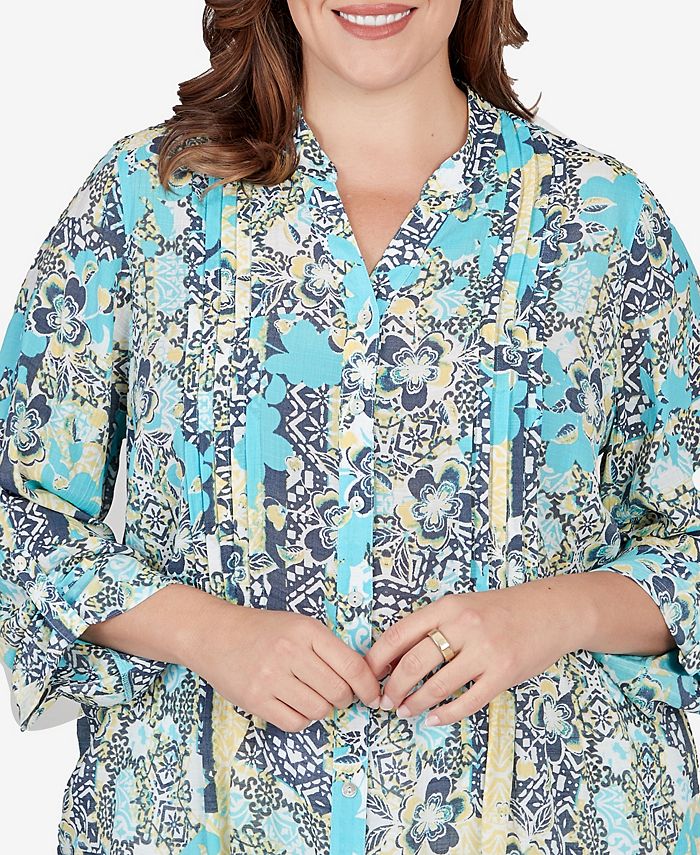 Ruby Rd. Plus Size Seaside Silky Gauze Patchwork Button Front Top - Macy's