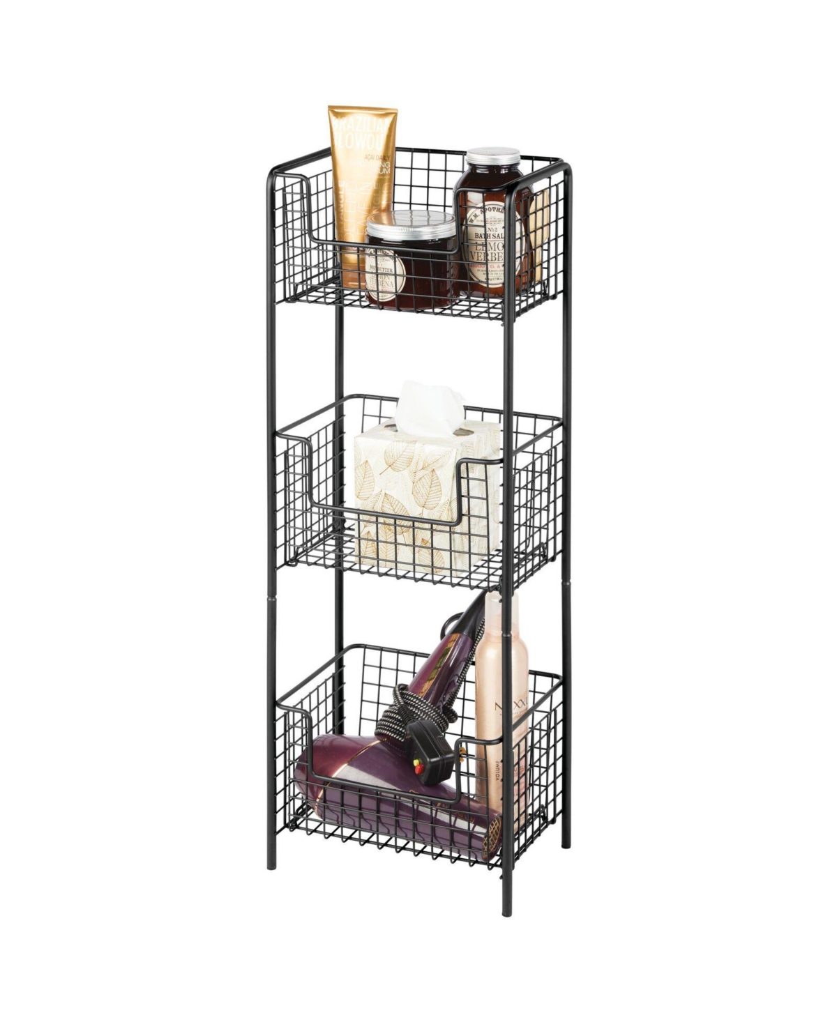 mDesign Steel Freestanding 3-Tier Storage Organizer Tower with Baskets ...