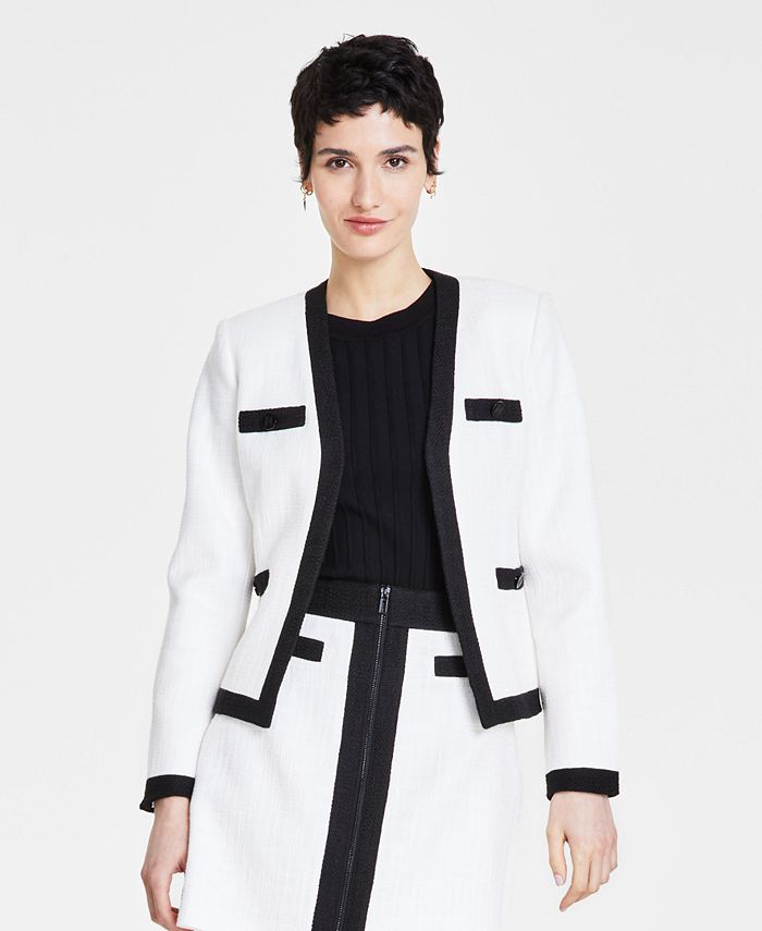 Karl Lagerfeld Women's Open Front Colorblock Tweed Blazer - Macy's