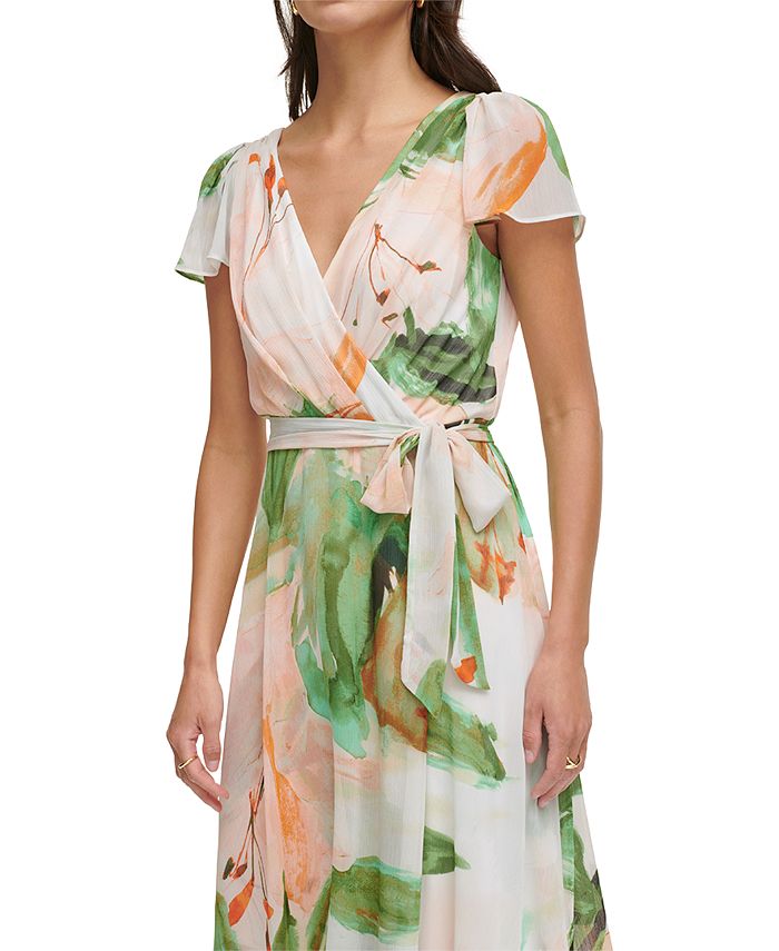 DKNY Petite Flutter-Sleeve Faux-Wrap Midi Dress - Macy's