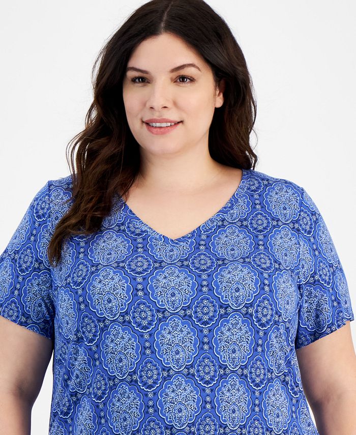 JM Collection Plus Size Marrakesh Medallion Print V-neck Top, Created ...