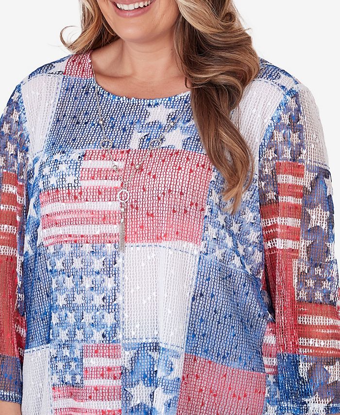 Alfred Dunner Plus Size All American Patchwork Flag Mesh Top with Necklace - Macy's