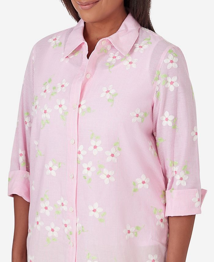 Alfred Dunner Women's Miami Beach Pinstripe Floral Embroidery Blouse ...