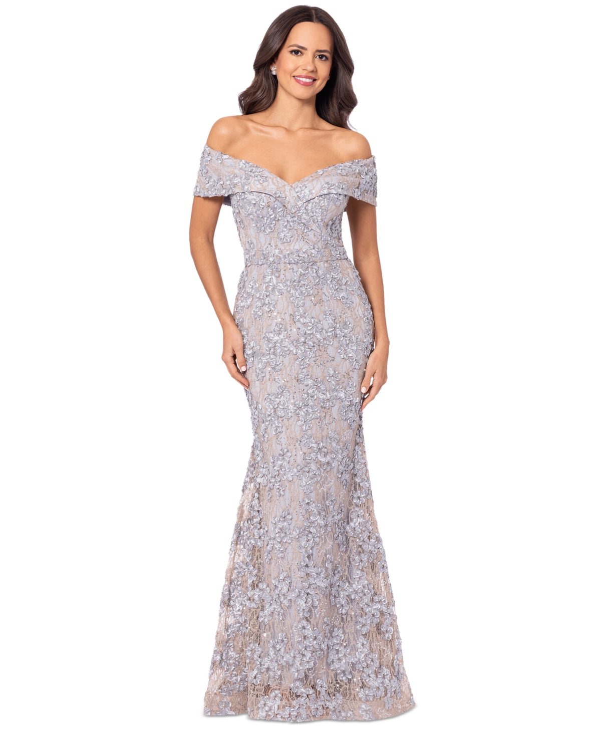 Click here for Xscape Off-The-Shoulder Lace Gown - Gold/Silver prices