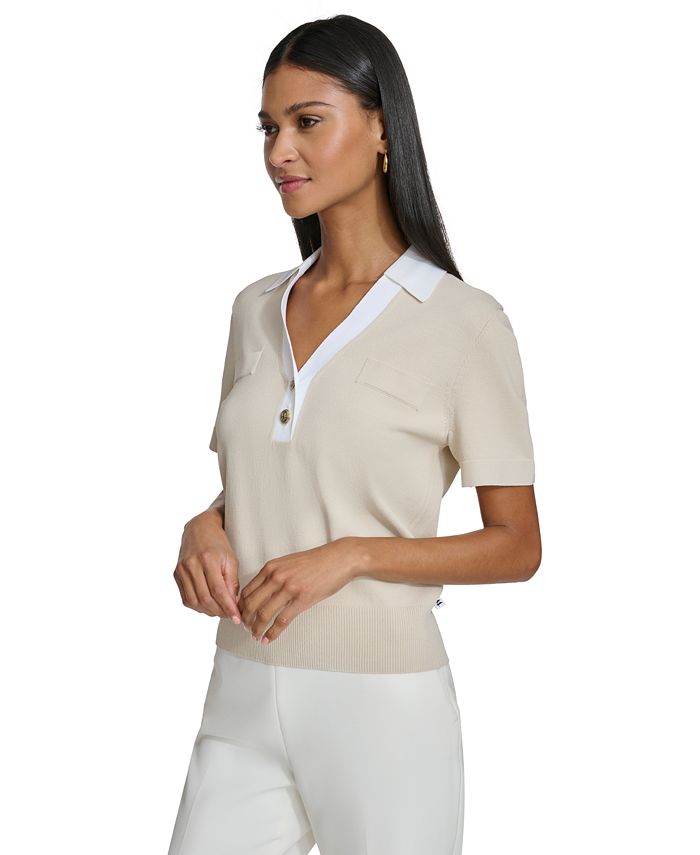 KARL LAGERFELD PARIS Women's Contrast-Trim Polo-Collar Top - Macy's