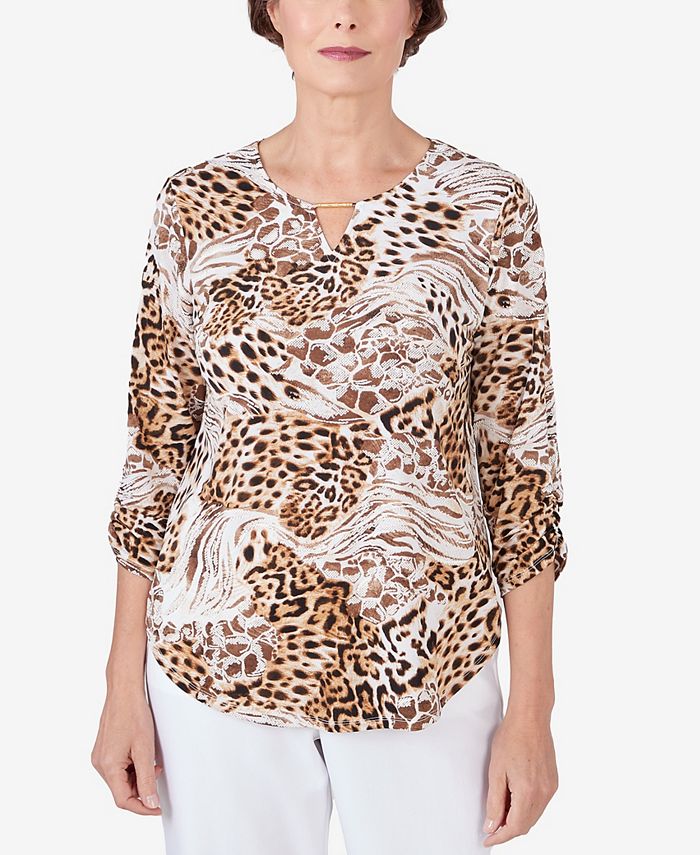 Alfred Dunner Petite Classic Puff Print Mixed Animal Print Split Neck Top - Macy's