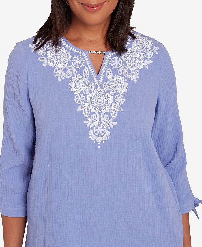 Alfred Dunner Women's Summer Breeze Embroidered Top with Tie Sleeves ...