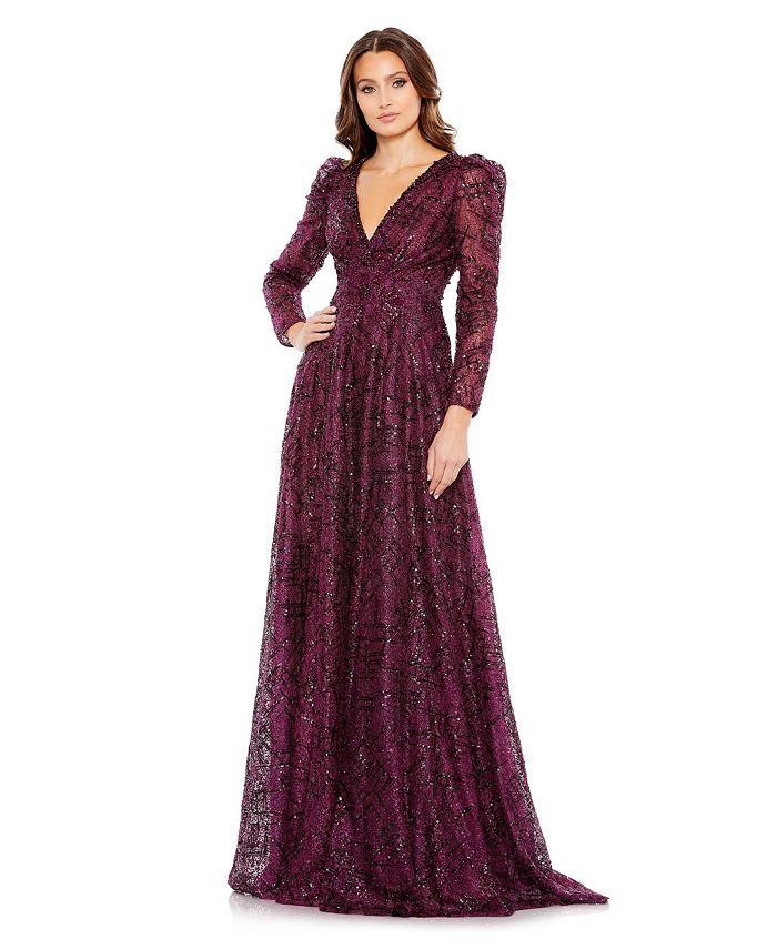 Mac Duggal Women's Embellished V Neck Long Sleeve A Line Gown - Macy's