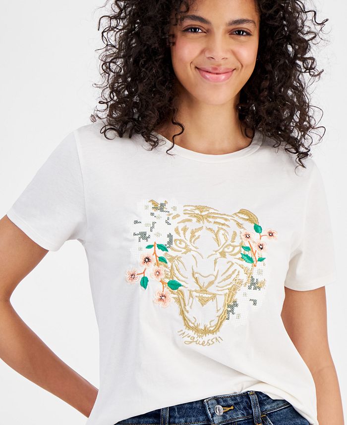 GUESS Women's Embroidered Tiger Daisy Short-Sleeve T-Shirt - Macy's