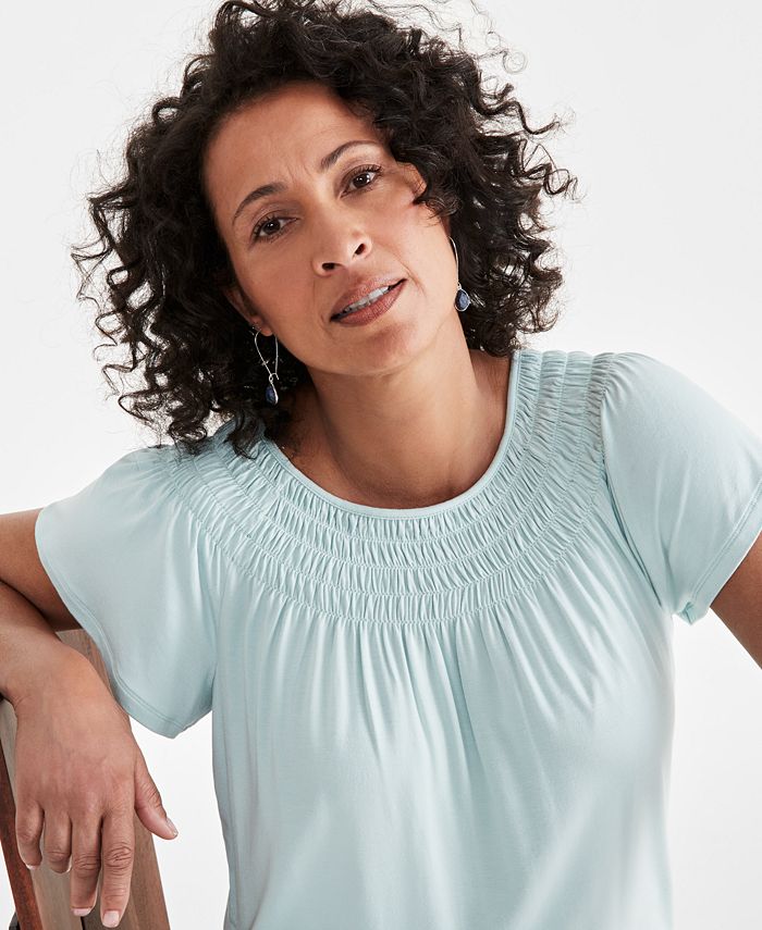 Style & Co Women's Short-Sleeve Smocked-Neck Knit Top, Created for Macy ...