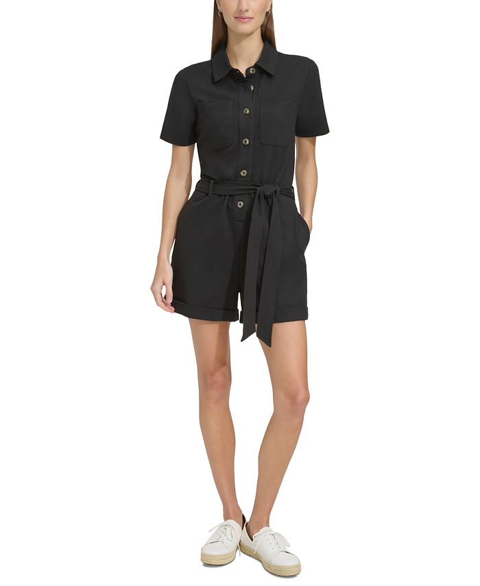 Marc New York Women's Button-Front Tie-Waist Twill Romper - Macy's