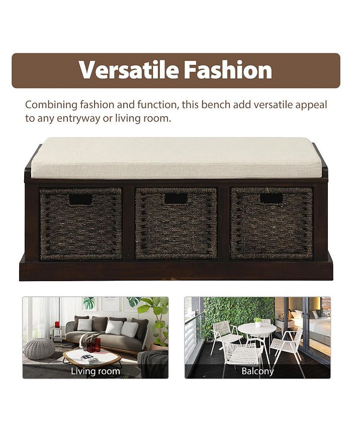 Simplie Fun Rustic Storage Bench With 3 Removable Classic Rattan Basket ...