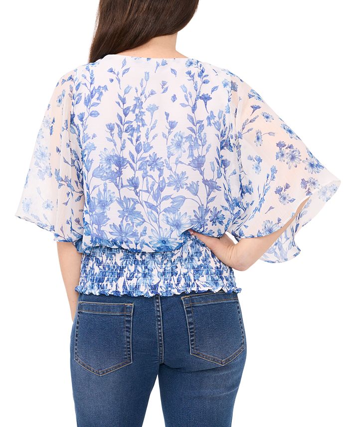 Sam & Jess Petite Printed Round-Neck Smocked-Waist Top - Macy's