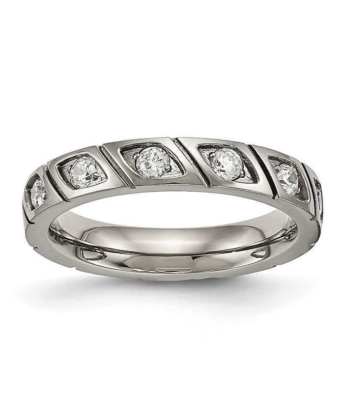 Chisel Titanium Polished with CZ Grooved Wedding Band Ring - Macy's