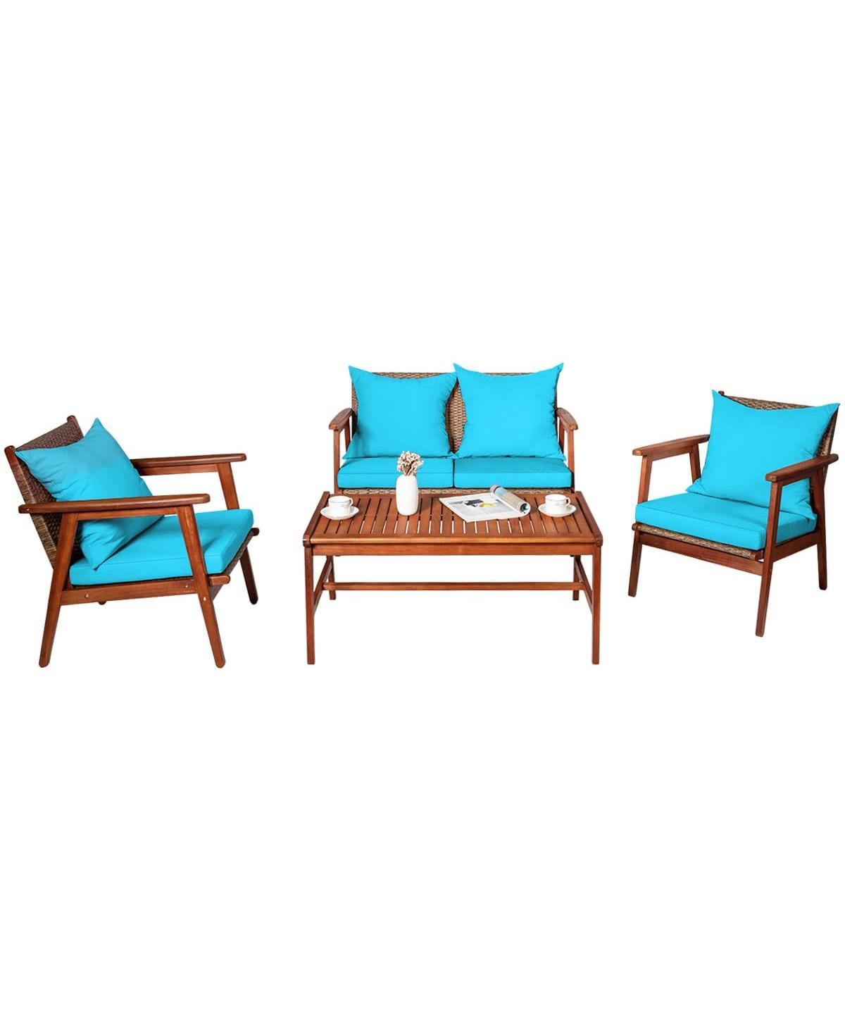 Click here for Sugift 4 Pieces Acacia Wood Patio Rattan Furniture... prices