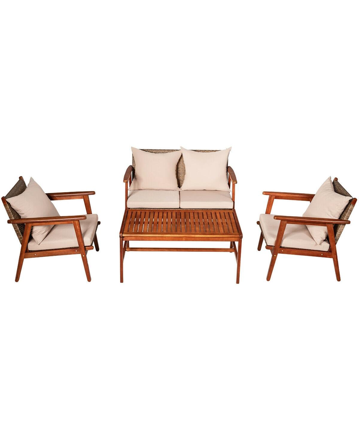 Click here for Sugift 4 Pieces Acacia Wood Patio Rattan Furniture... prices
