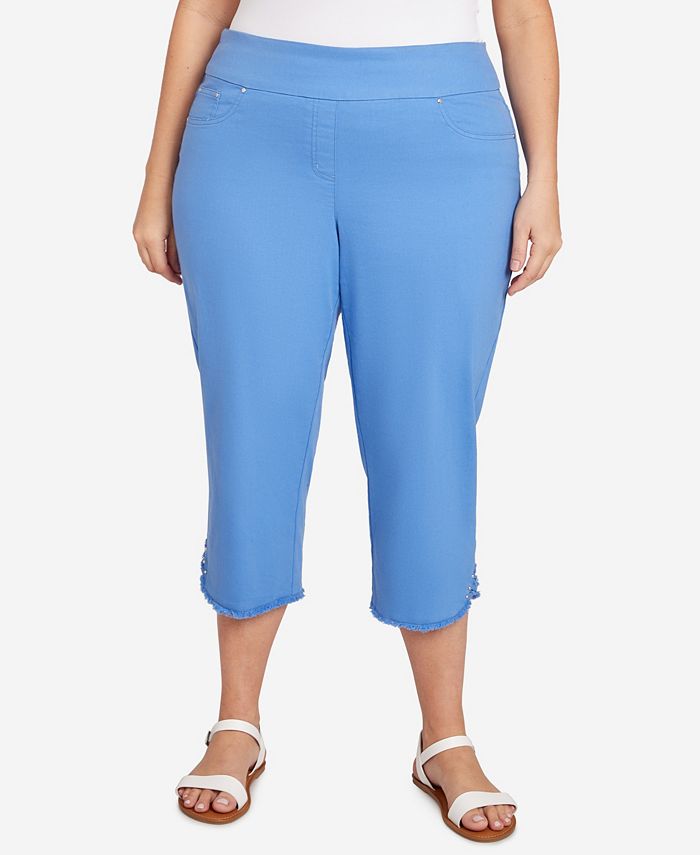 Ruby Rd. Plus Size Pull-On Stretch Denim Lace Hem Capri Pants - Macy's