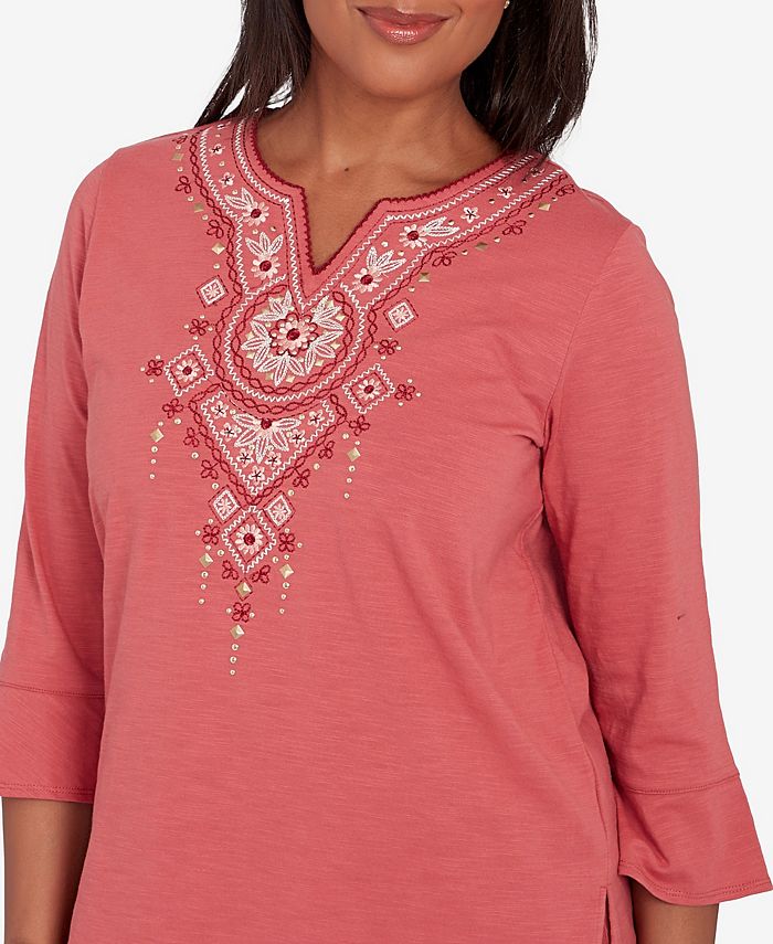 Alfred Dunner Sedona Sky Women's Split Neck Floral Embroidered Top - Macy's