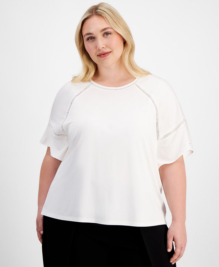 Anne Klein Plus Size Harmony Open-Trim Elbow-Sleeve Top - Macy's