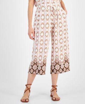 JM Collection Women's Linen Blend Printed Cropped Wide-Leg Pants ...