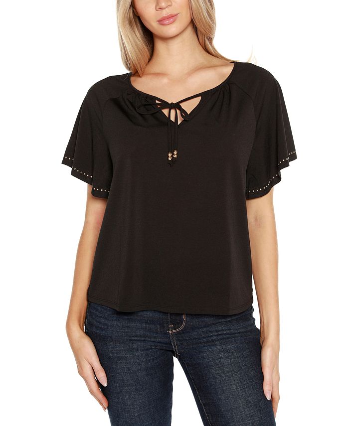 Belldini Women's Embellished Flutter Sleeve Knit Top - Macy's