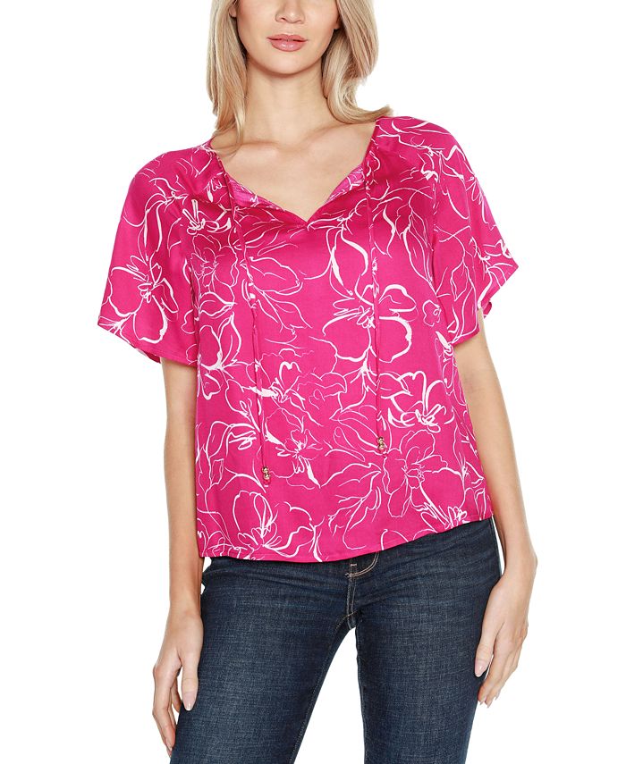Belldini Women's Embellished Tie Neck Flutter Sleeve Top - Macy's