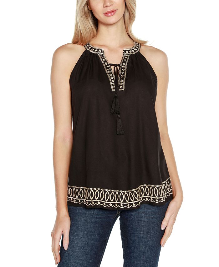 Belldini Women's Lurex Embroidered Keyhole Tank - Macy's