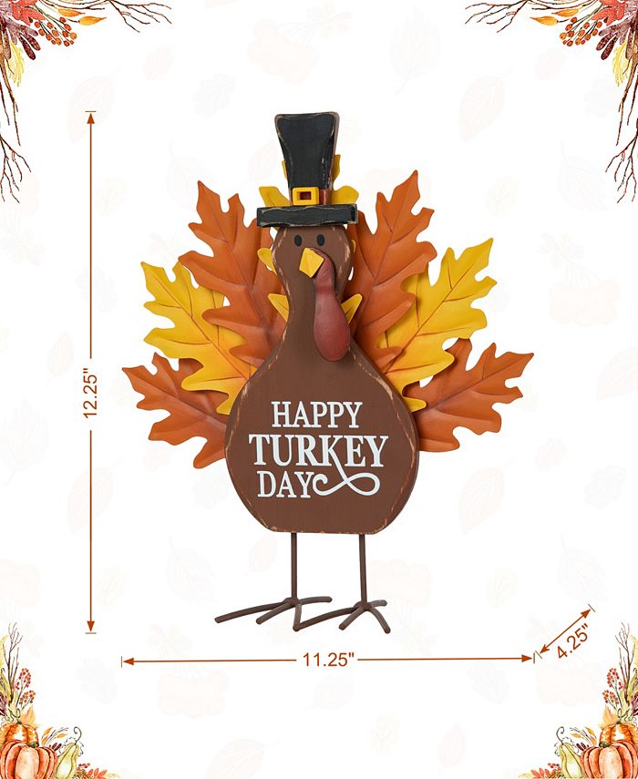 Glitzhome 12.25"H Thanksgiving Wooden Metal Turkey Table Decor - Macy's