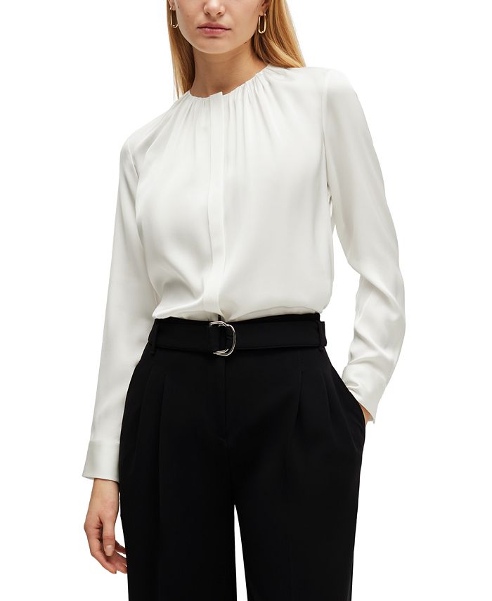 Hugo Boss Women's Stretch-Silk Crepe De Chine Ruched-Neck Top - Macy's