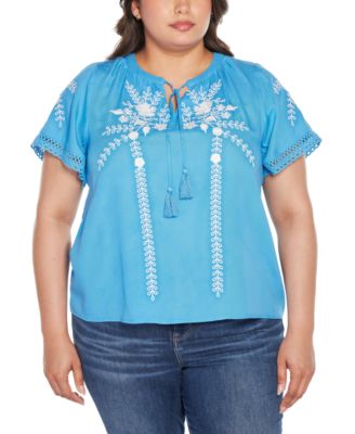 Belldini Black Label Plus Size Embroidered Tie-Neck Peasant Top - Macy's