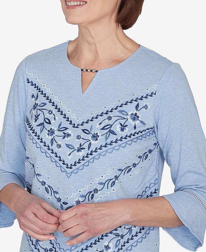 Alfred Dunner Petite Scottsdale Floral Chevron Beaded Split Neck Top - Macy's