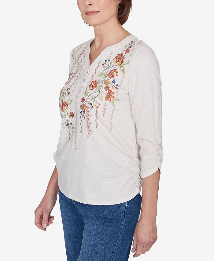 Alfred Dunner Petite Scottsdale Falling Floral Embroidered Henley Top ...