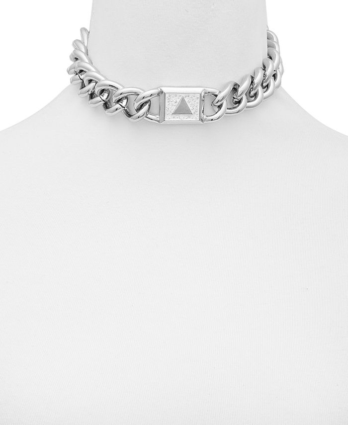GUESS Silver-Tone Pavé Logo Chain Link 14" Choker Necklace - Macy's