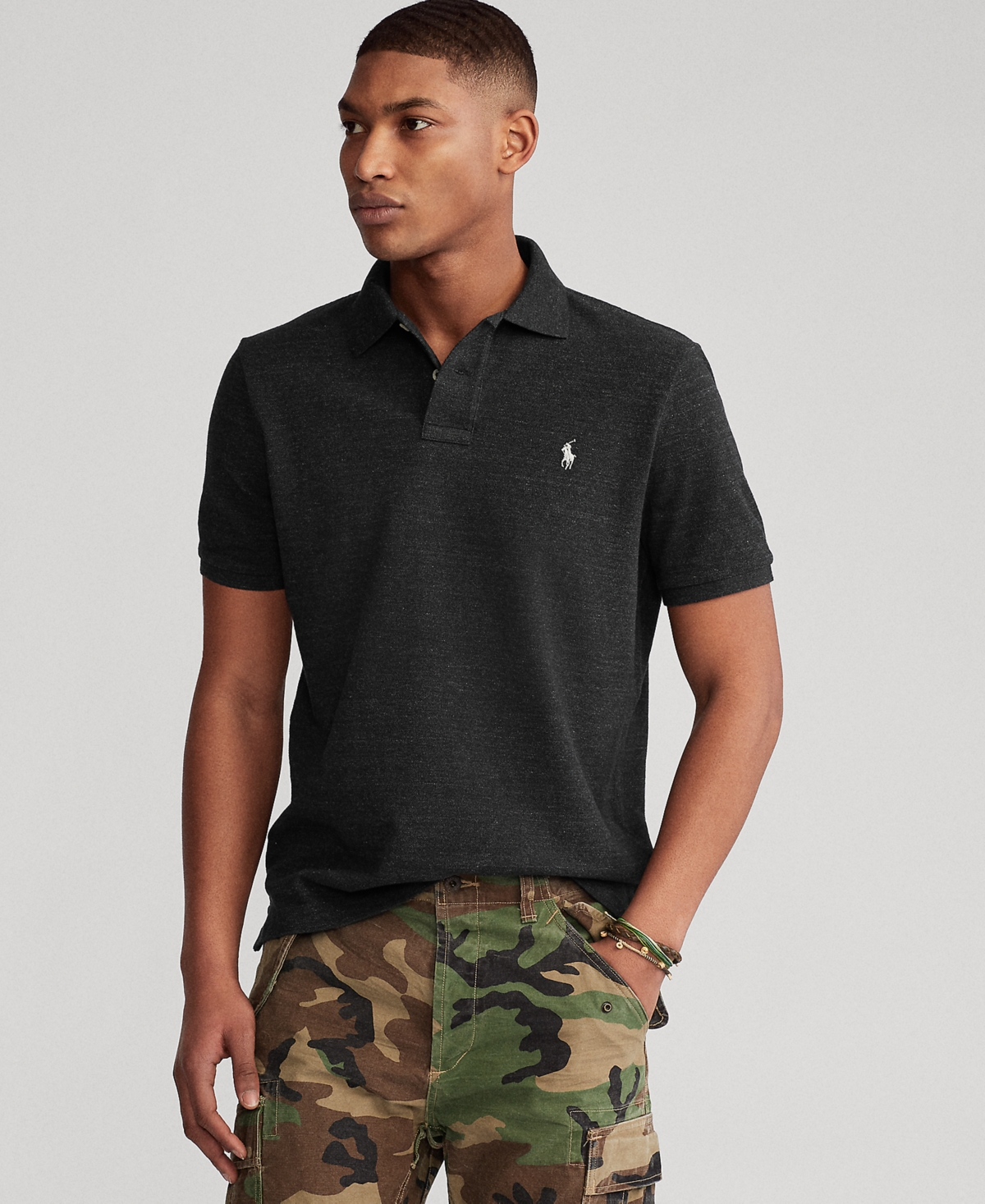 Polo Ralph Lauren Mens Classic-Fit Mesh Polo Shirt - Black Marl Heather