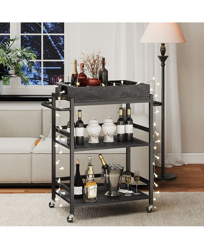 SUGIFT Rolling Wine Storage Buffet Sideboard Wooden Bar Storage Cabinet ...