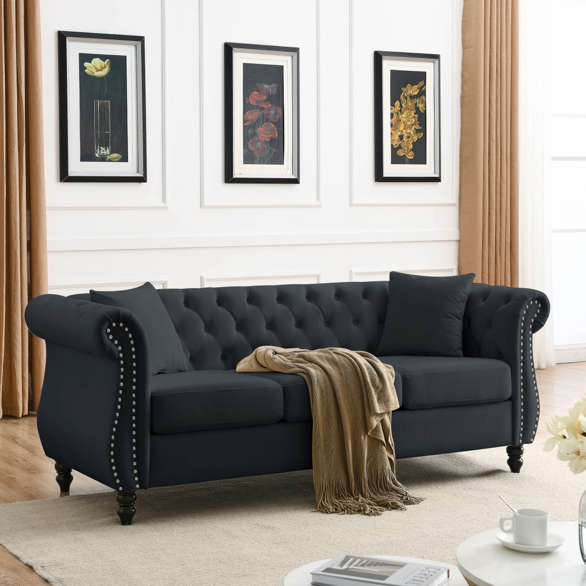 Click here for Simplie Fun Black Velvet Chesterfield Sofa with Tu... prices