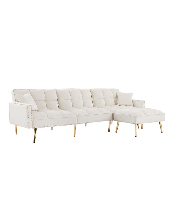 Simplie Fun Cream Velvet Upholstered Reversible Sectional Sofa Bed, L ...