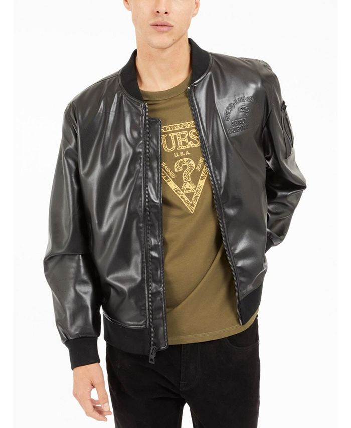GUESS Men's District Faux-Leather Full-Zip Bomber Jacket - Macy's